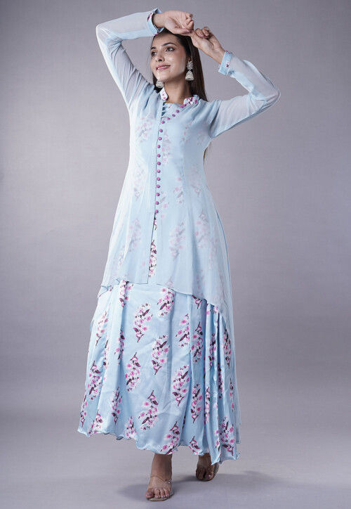 Buy Digital Printed Satin Long Kurta with Jacket in Sky Blue Online ...