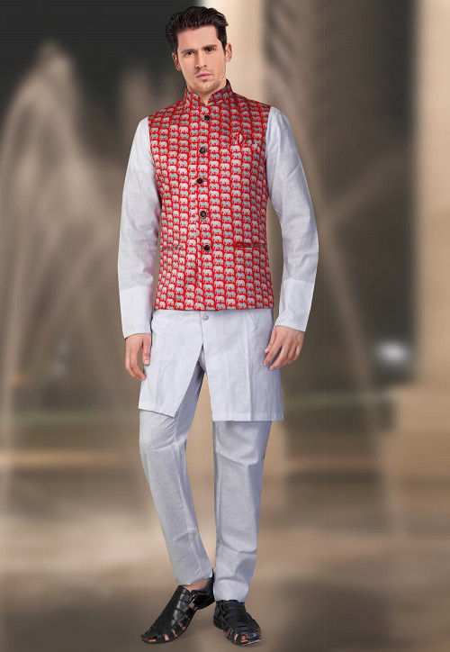 Buy Digital Printed Satin Nehru Jacket in Red Online : MHG1121 - Utsav ...