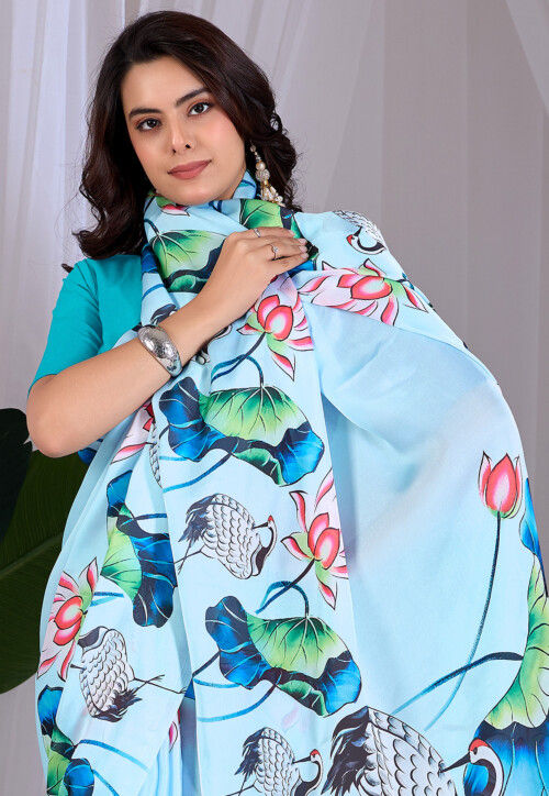 Buy Digital Printed Satin Saree in Light Blue Online : STM1145 - Utsav ...