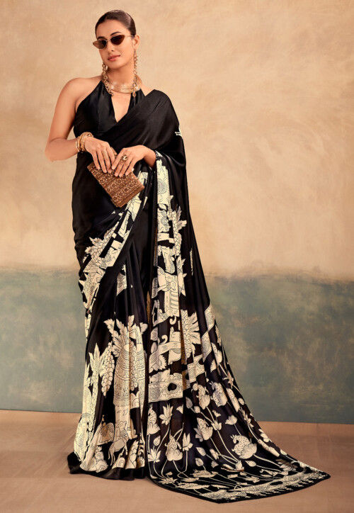 Buy Digital Printed Satin Silk Saree in Black Online : SPF18598 - Utsav ...