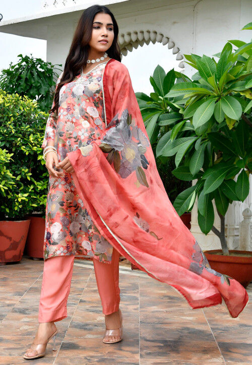 Buy Digital Printed Tissue Pakistani Suit in Coral Red Online : KJN4686 ...