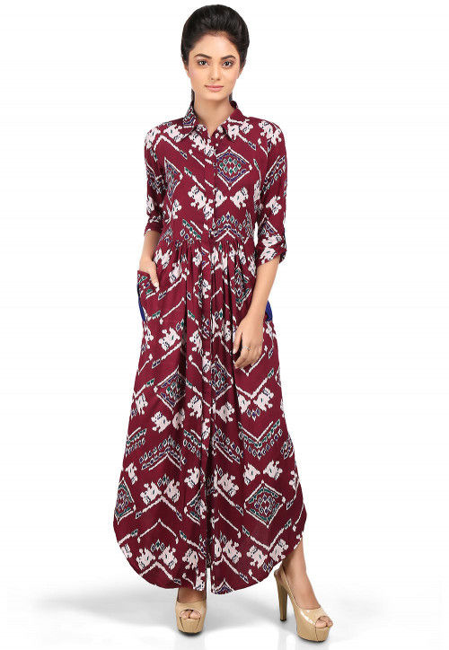 Buy Digital Printed Viscose Dress in Maroon Online : TUC296 - Utsav Fashion