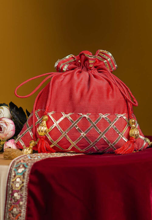 Buy Embellished Art Silk Potli Bag in Coral Red Online : DMQ355 - Utsav ...