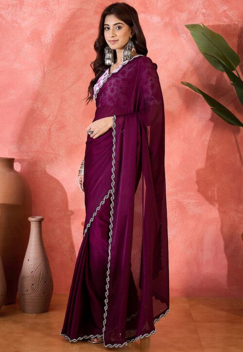 Buy Embellished Border Satin Chiffon Saree in Wine Online : SSKT1069 ...
