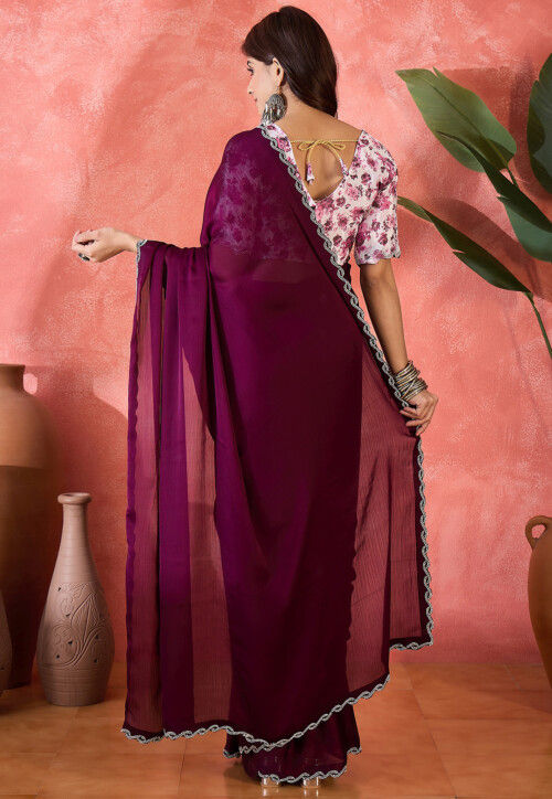 Buy Embellished Border Satin Chiffon Saree in Wine Online : SSKT1069 ...