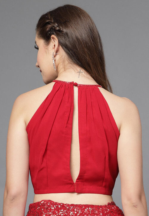 Buy Embellished Neckline Georgette Back Cut Out Blouse in Red Online ...