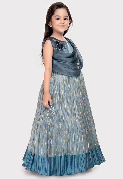 Embellished Polyester Gown with attached Dupatta in Dusty Blue and Grey ...