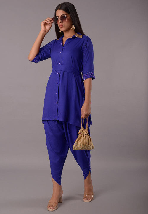 Embellished Rayon Tunic Sets in Royal Blue : TBN135