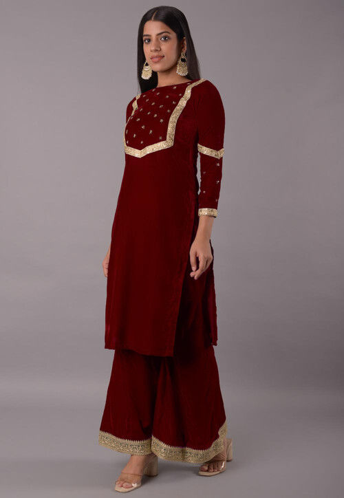 Buy Embellished Velvet Straight Kurta Set in Maroon Online : TBN142 ...