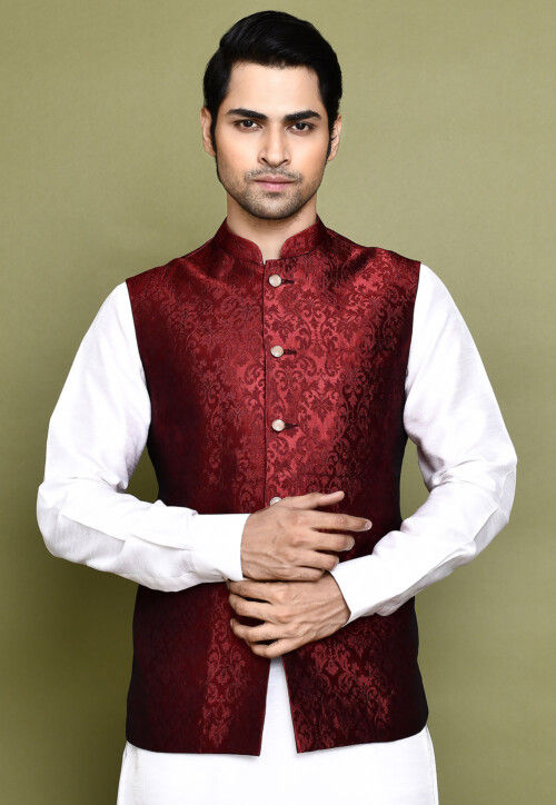 Buy Embossed Dupion Silk Jacquard Nehru Jacket in Maroon Online ...