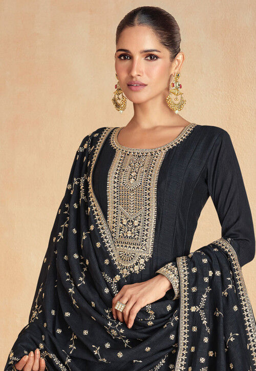 Buy Embroidered Art Silk Abaya Style Suit in Black Online : KCH14175 ...