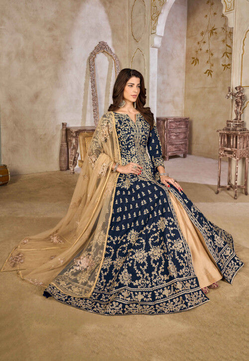 Buy Embroidered Art Silk Abaya Style Suit in Navy Blue Online ...