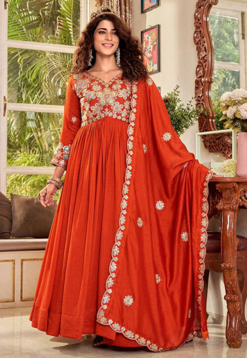 Buy Embroidered Art Silk Abaya Style Suit in Orange Online : KQU5629 ...