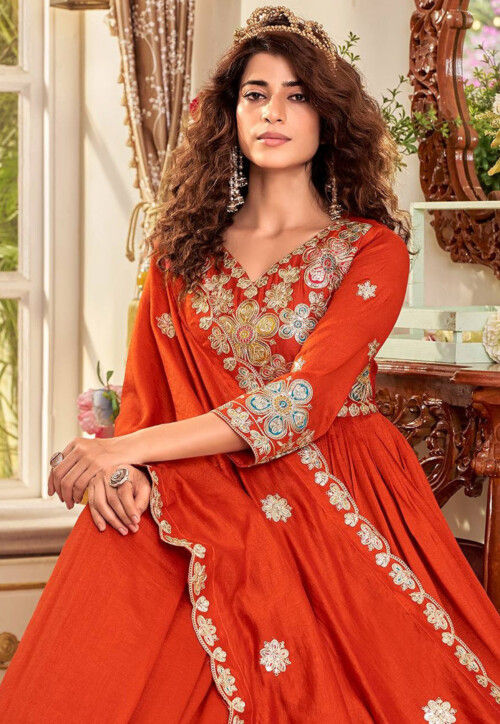 Buy Embroidered Art Silk Abaya Style Suit in Orange Online : KQU5629 ...
