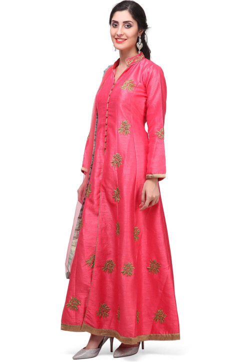Buy Embroidered Art Silk Front Slit Anarkali Suit in Fuchsia Online ...