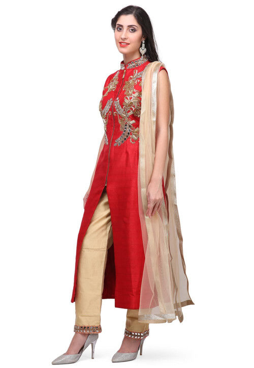 Buy Embroidered Art Silk Front Slit Pakistani Suit in Red Online ...