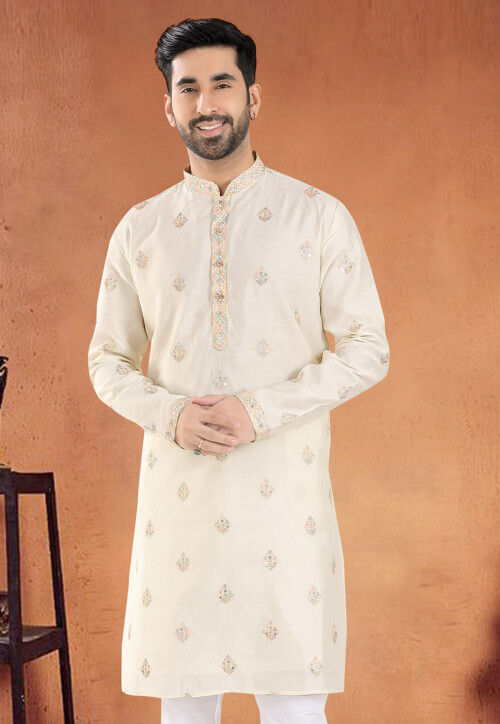 Buy Embroidered Art Silk Kurta in Cream Online : MUY1876 - Utsav Fashion