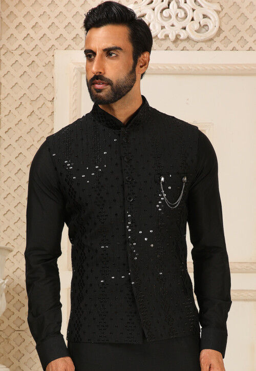 Buy Embroidered Art Silk Kurta Jacket Set in Black Online : MGV1627 ...