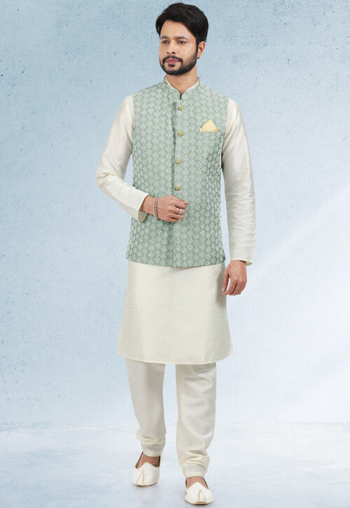 Buy Embroidered Art Silk Kurta Jacket Set in Cream and Dusty Green ...