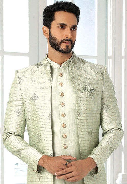 Buy Embroidered Art Silk Kurta Jacket Set in Light Green Online ...