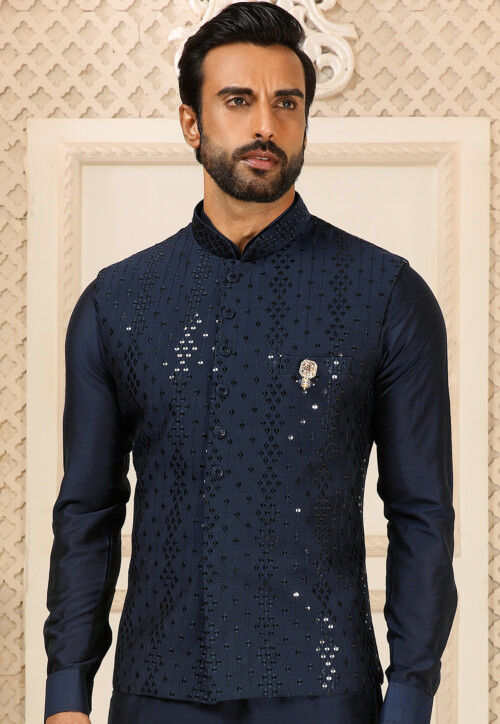 Buy Embroidered Art Silk Kurta Jacket Set in Navy Blue Online : MGV1629 ...