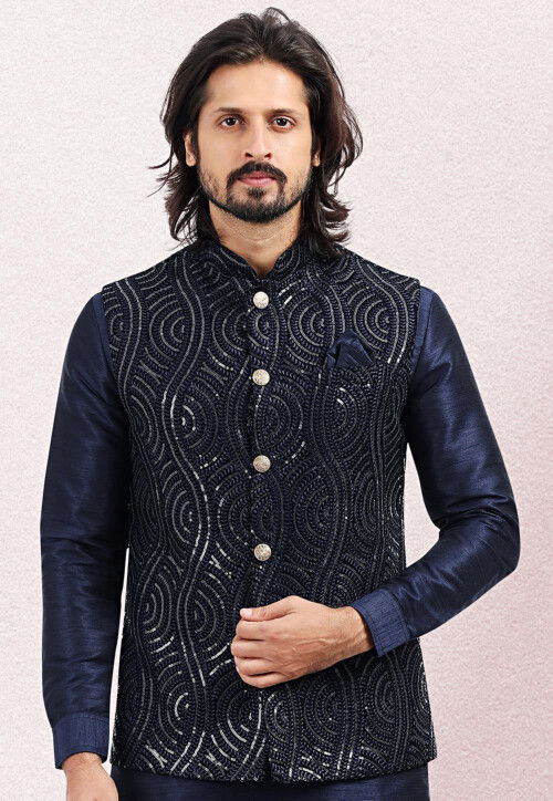 Buy Embroidered Art Silk Kurta Jacket Set in Navy Blue Online : MLY887 ...