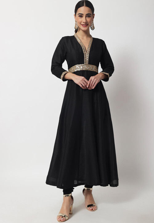 Buy Embroidered Art Silk Long Kurta Set in Black Online : TBY337 ...