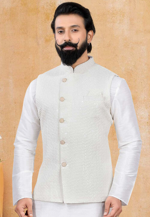 Buy Embroidered Art Silk Nehru Jacket in Cream Online : MUY784 - Utsav ...