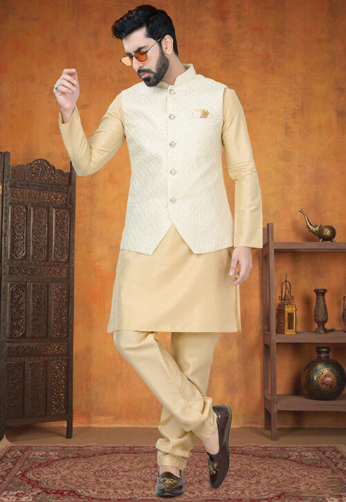 Buy Embroidered Art Silk Nehru Jacket in Light Beige Online : MUY2058 - Utsav Fashion