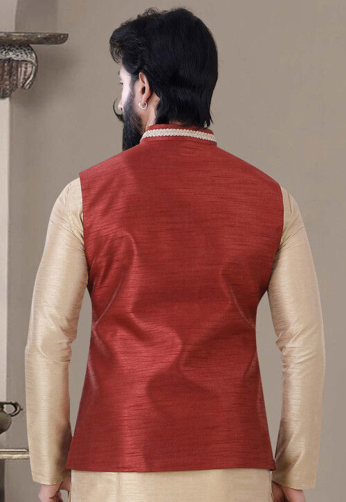 Buy Embroidered Art Silk Nehru Jacket in Red Online : MUY800 - Utsav ...