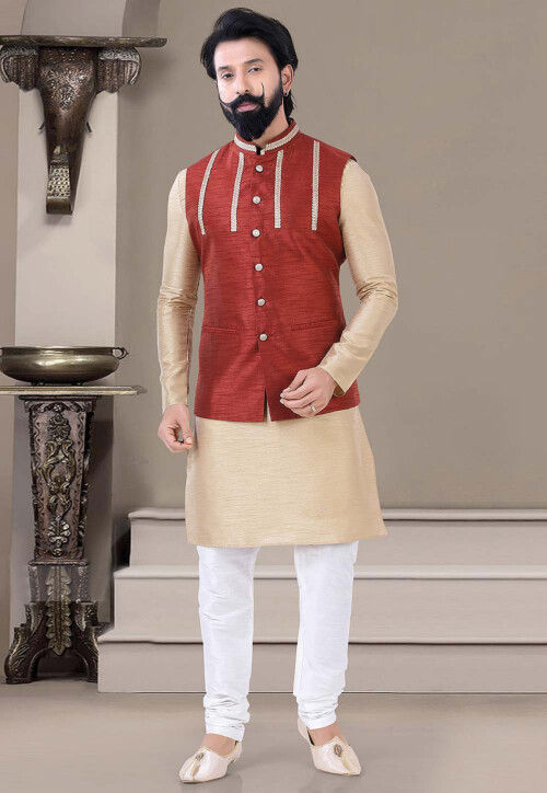 Buy Embroidered Art Silk Nehru Jacket in Red Online : MUY800 - Utsav ...