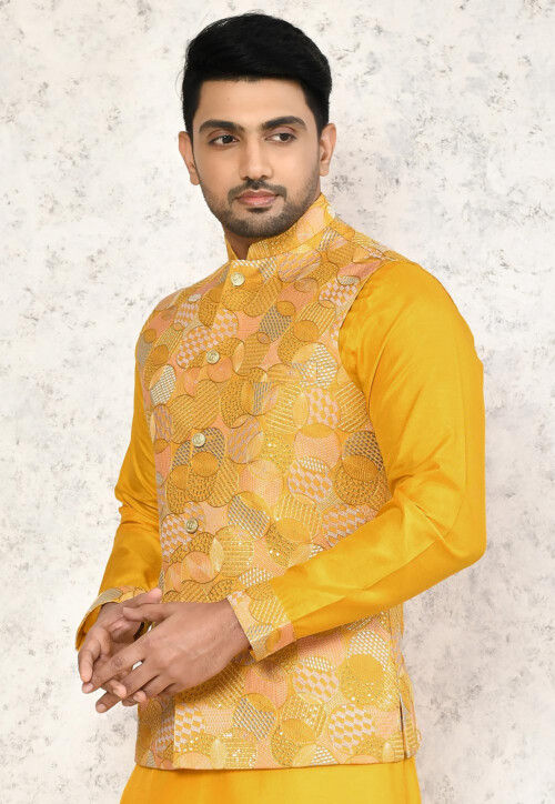 Buy Embroidered Art Silk Nehru Jacket in Yellow Online : MTX3219 ...