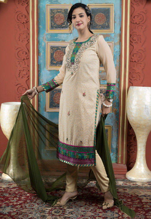 Buy Embroidered Art Silk Pakistani Suit in Beige Online : KNF1049 ...