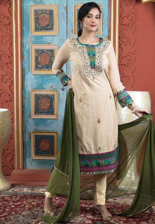 Buy Embroidered Art Silk Pakistani Suit in Beige Online : KNF1049 ...