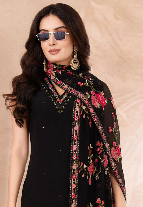 Buy Embroidered Art Silk Pakistani Suit in Black Online : KBN1362 ...