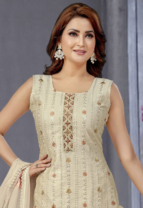 Buy Embroidered Art Silk Pakistani Suit in Cream Online : KRD796 ...