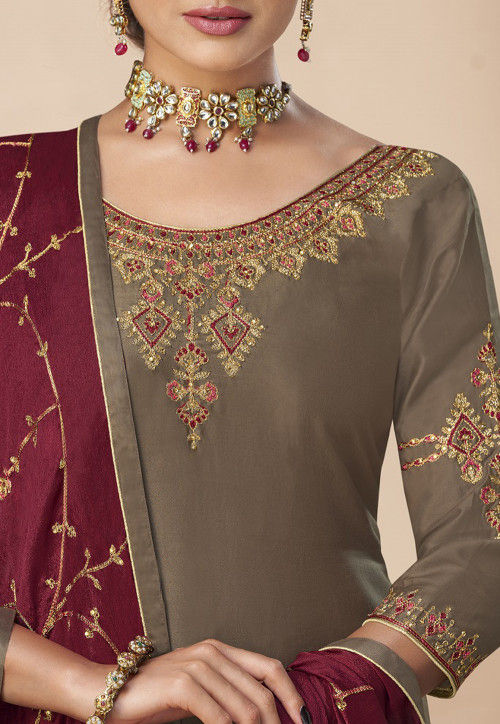 Buy Embroidered Art Silk Pakistani Suit in Fawn Online : KCH6128 ...