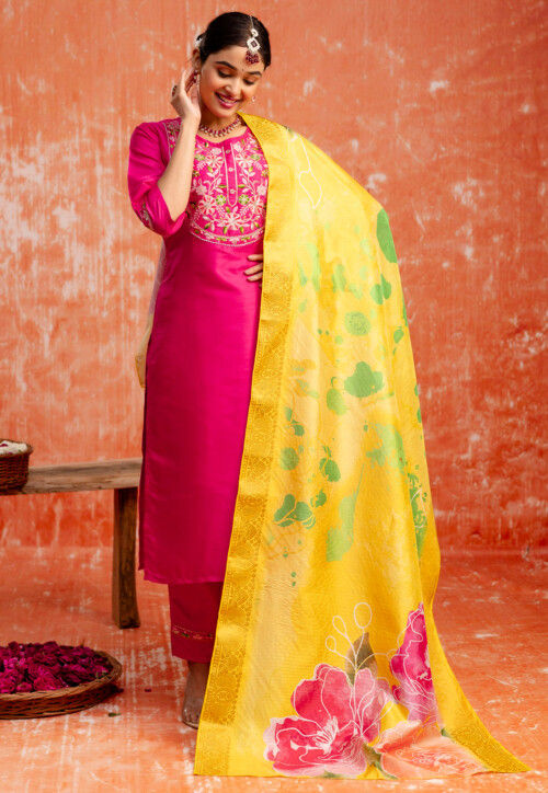 Buy Embroidered Art Silk Pakistani Suit in Fuchsia Online : KJG683 ...