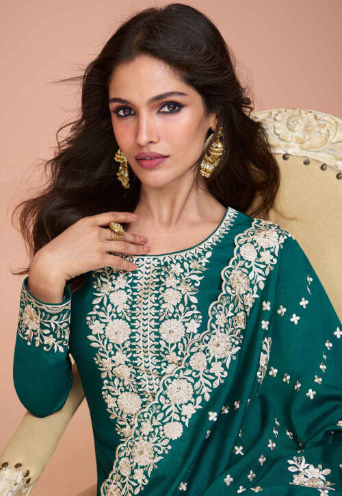 Buy Embroidered Art Silk Pakistani Suit in Green Online : KCH14828 ...