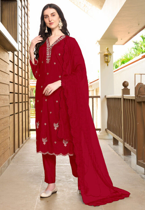 Buy Embroidered Art Silk Pakistani suit in Maroon Online : KNF1009 ...