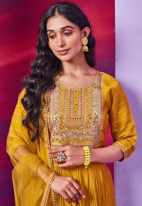 Buy Embroidered Art Silk Pakistani Suit in Mustard Online : KJC3206 ...