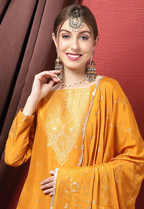 Buy Woven Art Silk Pakistani Suit in Mustard Online : KPV1392 - Utsav ...