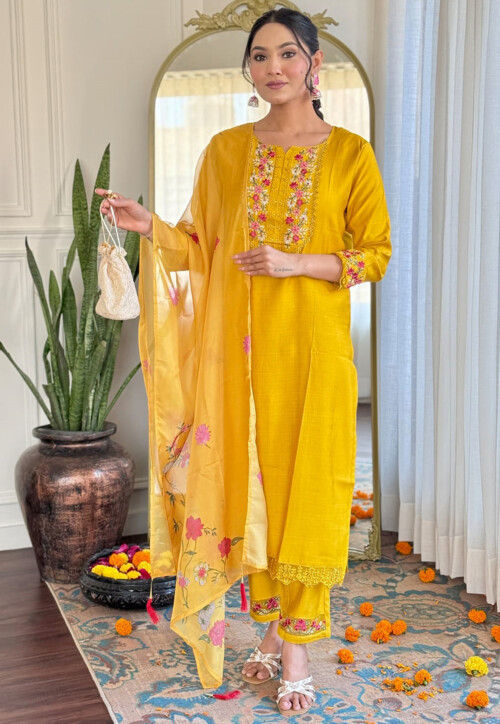 Buy Embroidered Art Silk Pakistani Suit in Mustard Online : KQW278 ...