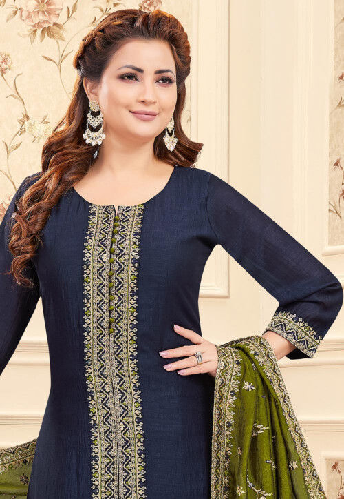 Buy Embroidered Art Silk Pakistani Suit in Navy Blue Online : KBN1014 ...