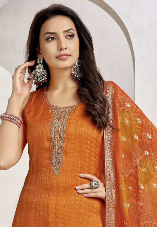 Buy Embroidered Art Silk Pakistani Suit in Orange Online : KRD803 ...