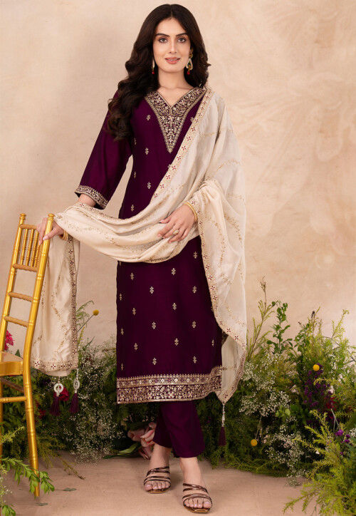 Buy Embroidered Art Silk Pakistani Suit in Purple Online : KBN1364 ...