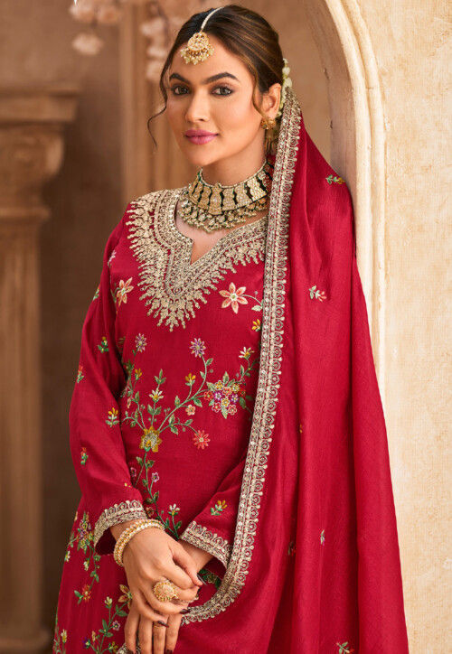 Buy Embroidered Art Silk Pakistani Suit in Red Online : KCH14480 ...