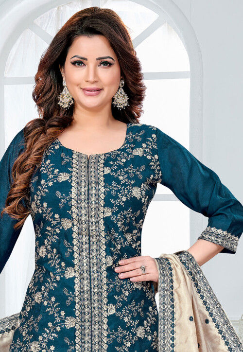 Buy Embroidered Art Silk Pakistani Suit in Teal Blue Online : KBN1321 ...