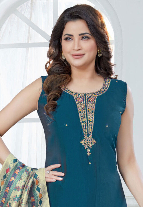 Buy Embroidered Art Silk Pakistani Suit in Teal Blue Online : KBN1325 ...