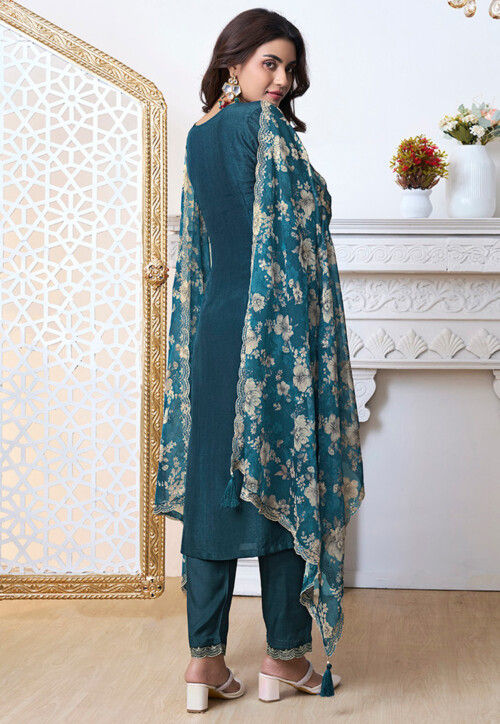 Buy Embroidered Art Silk Pakistani Suit in Teal Blue Online : KKE213 ...